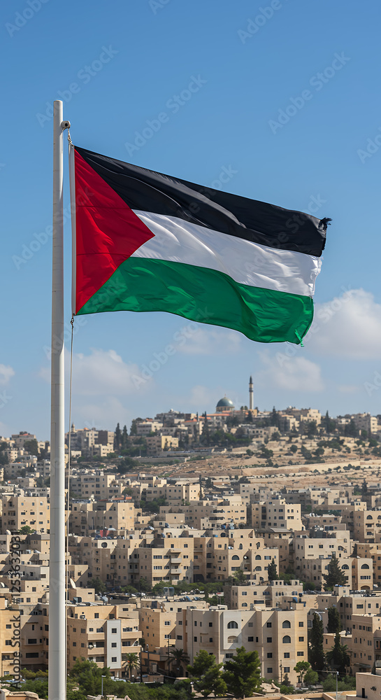 Palestine Flag Waving High Above Cityscape: Symbol of Hope, Freedom ...