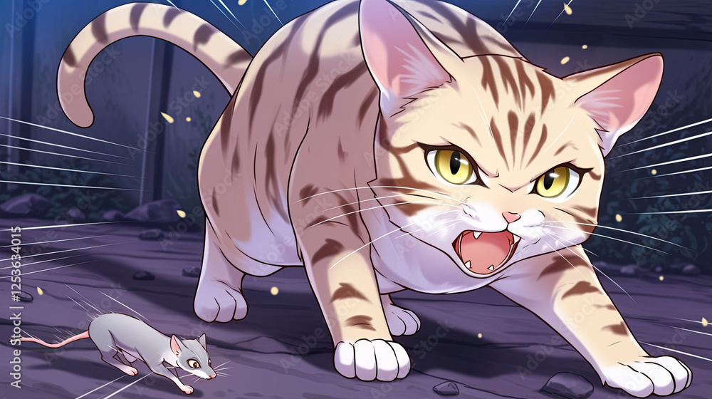 Cat walking on ground with mouse while mischievous anime bengal kitten ...
