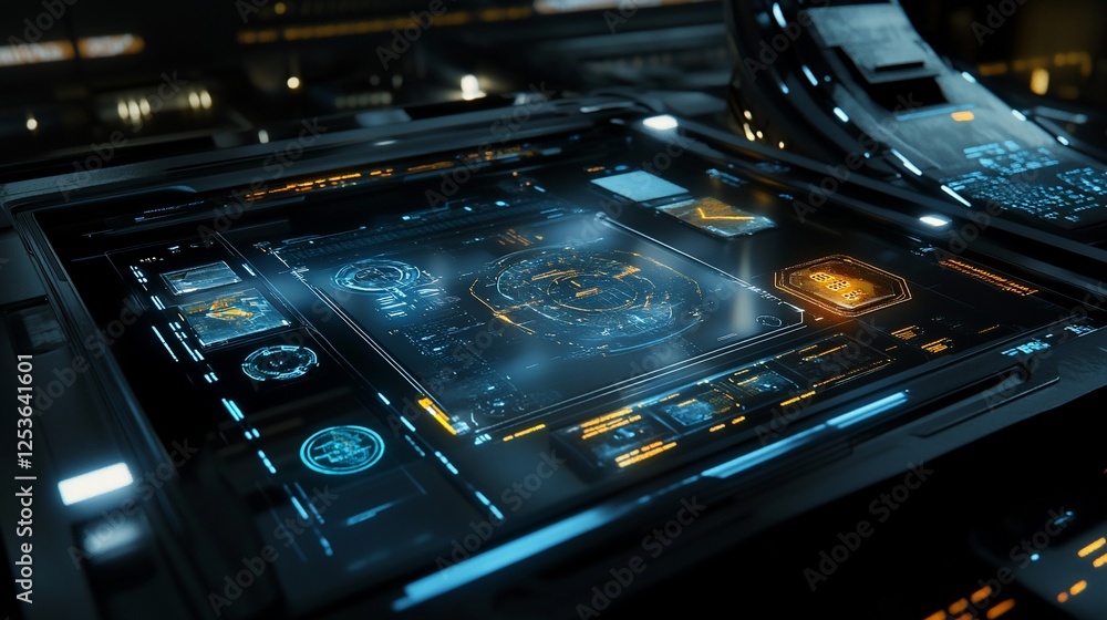 Futuristic Cockpit Control Panel with Intricate Holographic Displays ...