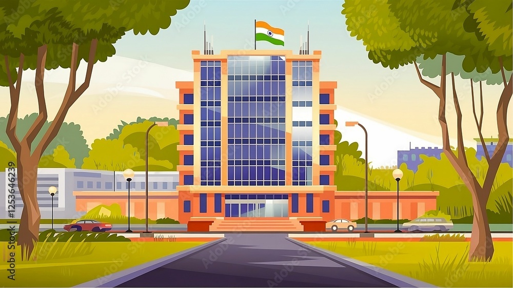 a grand multi-story "CITY HALL" building with a prominent entrance. A ...