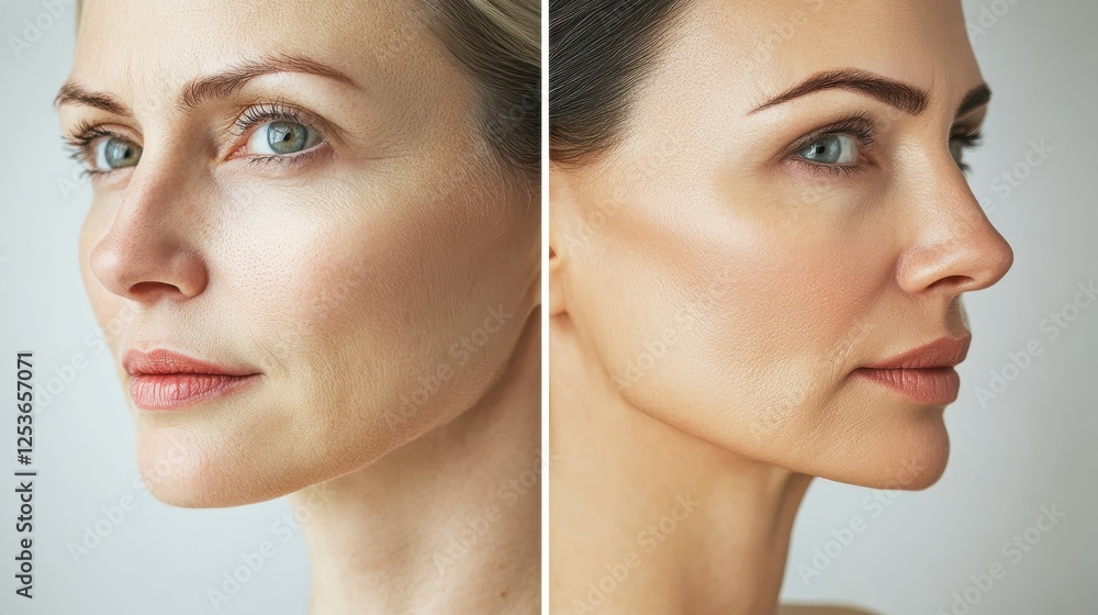 Side-by-side photos showing facial skin sagging and aging lines pre ...
