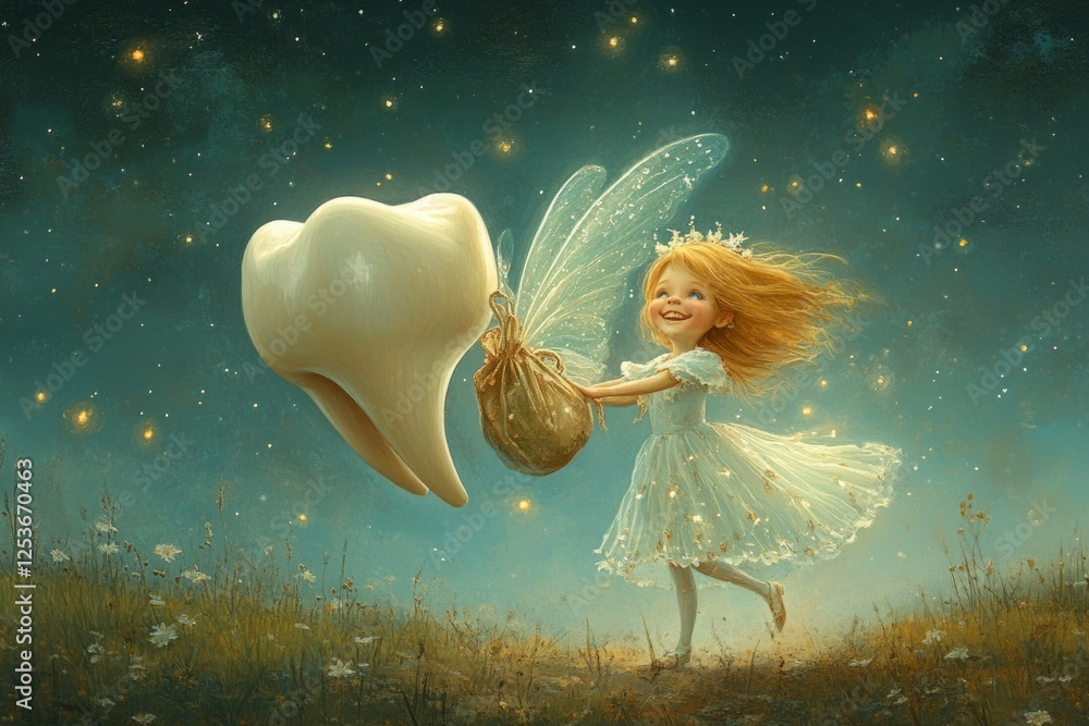 Happy tooth fairy carrying a bag of gold coins in exchange for a giant ...