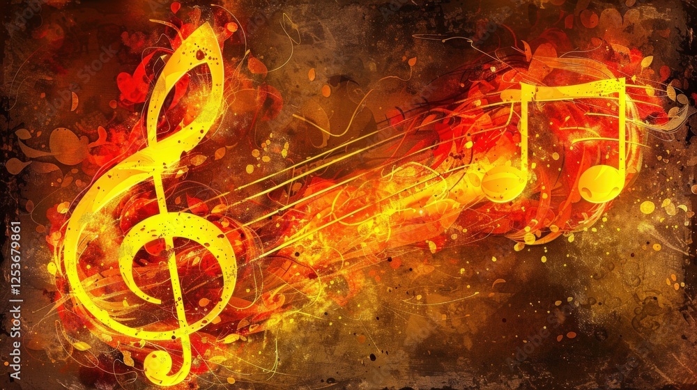 Radiant fiery 3D treble clef with dynamic flames and glowing notes in ...