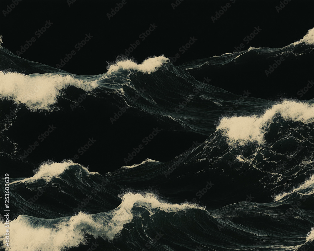 Dessin représentant une mer tourmentée pleine de vagues sur fond noir ...