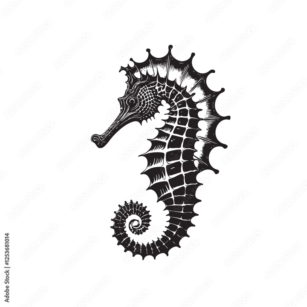 Vector of seahorse illustration featuring intricate scale patterns and ...