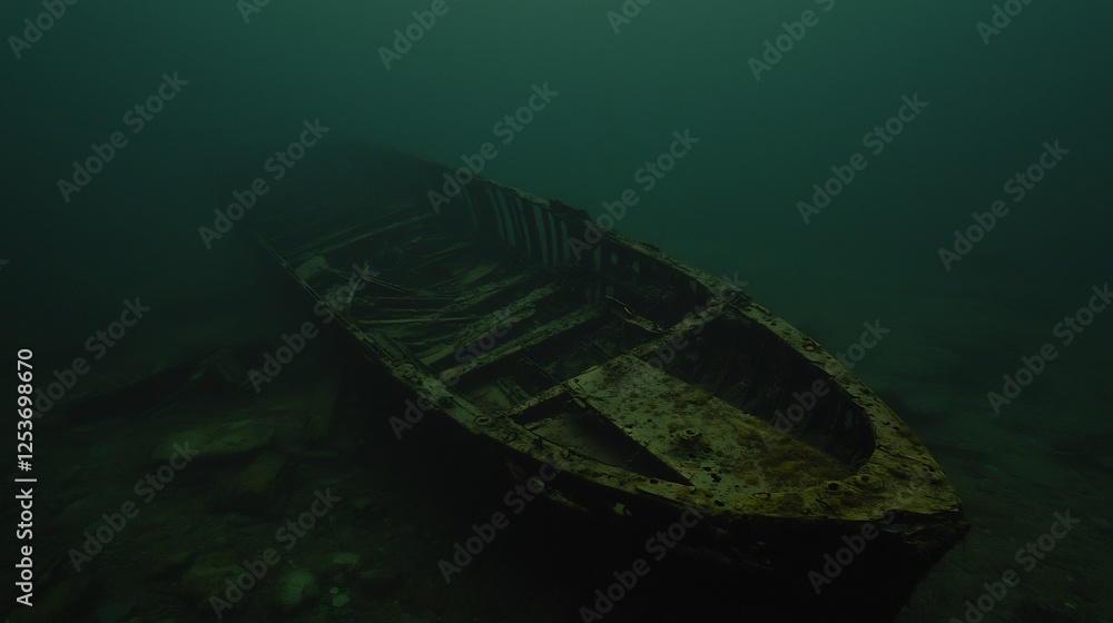 Submerged boat in dark murky water with green hues revealing its age ...