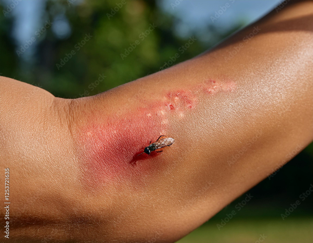Insect bite on an arm causing swelling and redness, illustrating ...