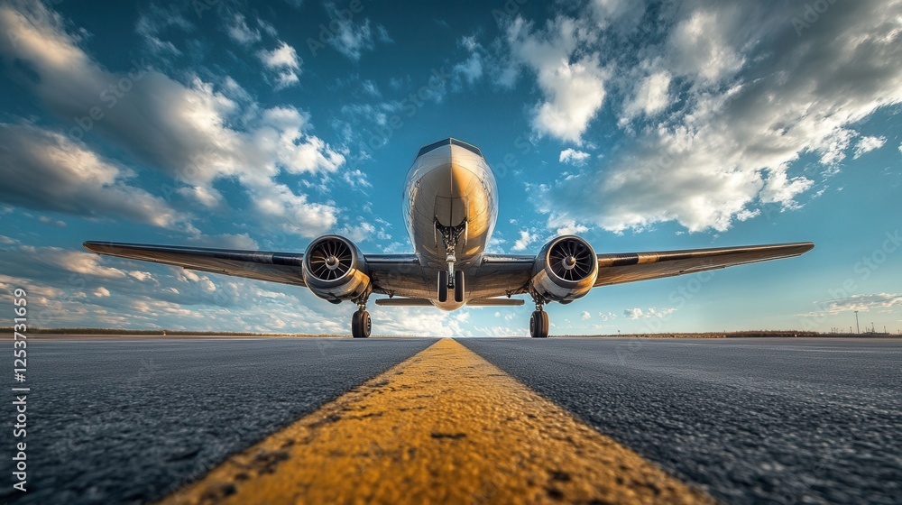 Passenger airplane taking off from the runway, bottom view, powerful ...