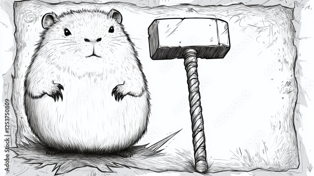 Brutal capybara, line drawing, A capybara wielding a massive war hammer ...
