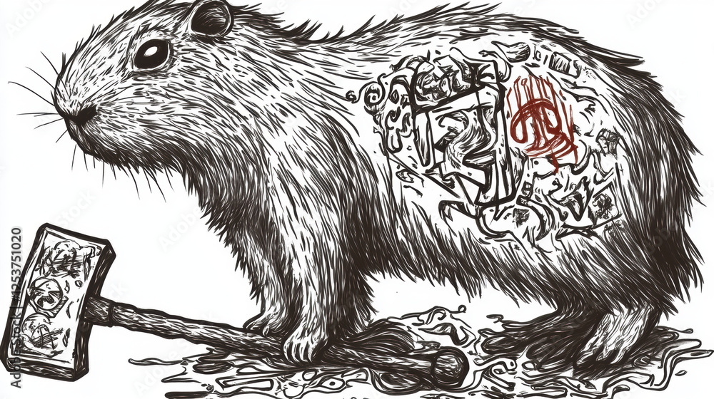Brutal capybara, line drawing, Capybara wielding a massive war hammer ...