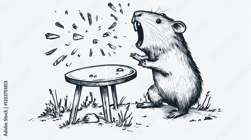 Brutal capybara, line drawing, A capybara in rage knocking over a table ...
