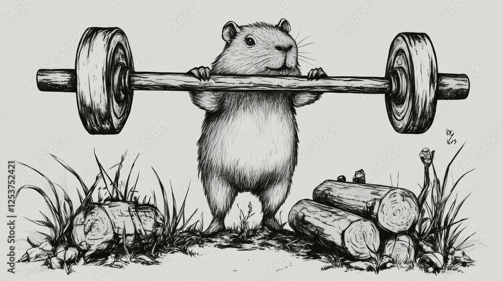 Brutal capybara, line drawing, Capybara lifting a barbell made of logs ...