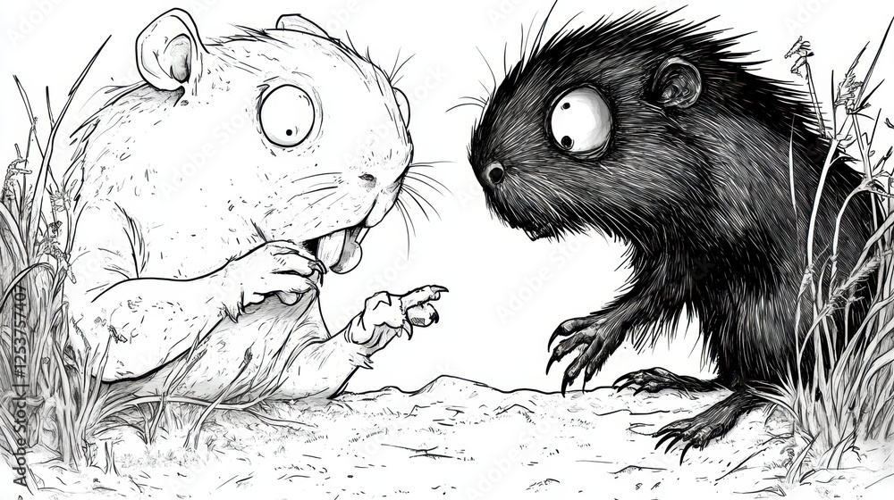 Brutal capybara, line drawing, Capybara confronts a rival in an intense ...