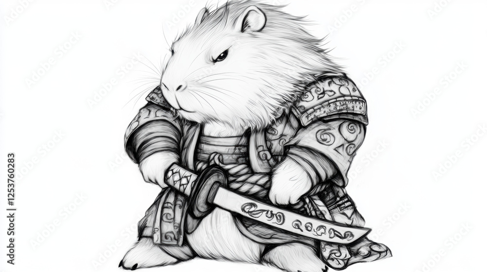 Brutal capybara, line drawing, A capybara in a samurai outfit holding a ...