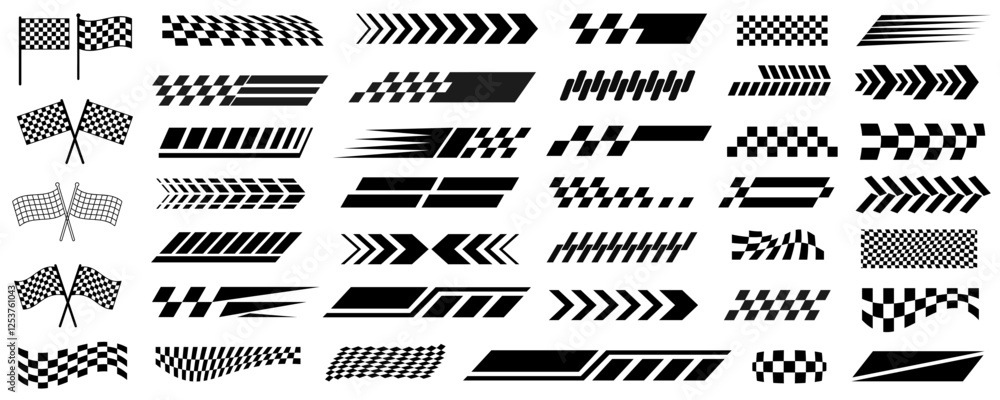 Racing cars and race car stripes set, checkered flag, finish line ...