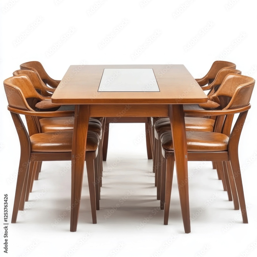 A sleek wooden dining table with a glass inset center and four armless ...