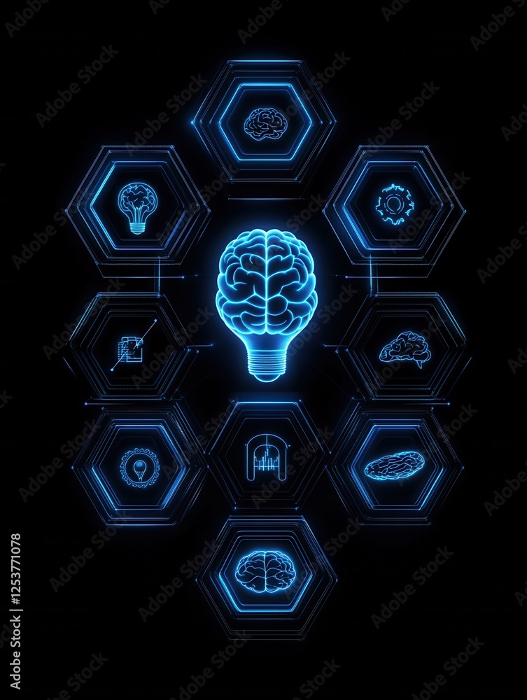 Digital blue light bulb, brain and gear icons on a hexagonal shape ...