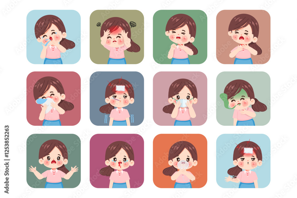 Cute woman symptoms of sick. Cartoon child with fever, snot, cough and ...