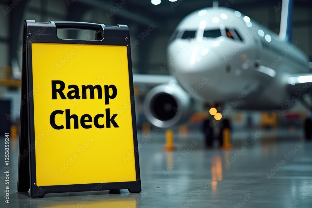 Ramp Check Warning Sign in Airport Hangar with Airplane in Background ...