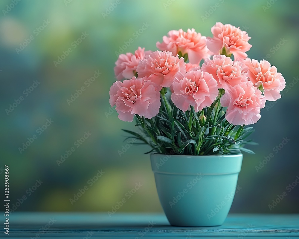 Potted pink carnation a patio green background bright and fresh garden ...