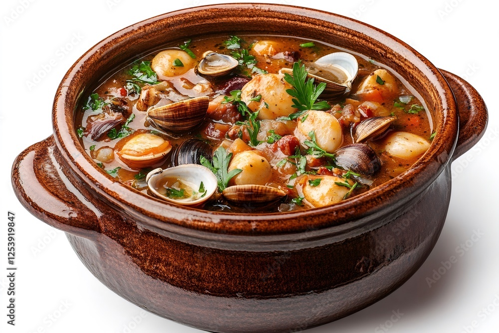 Delicious seafood stew with clams and scallops simmering in a clay pot ...