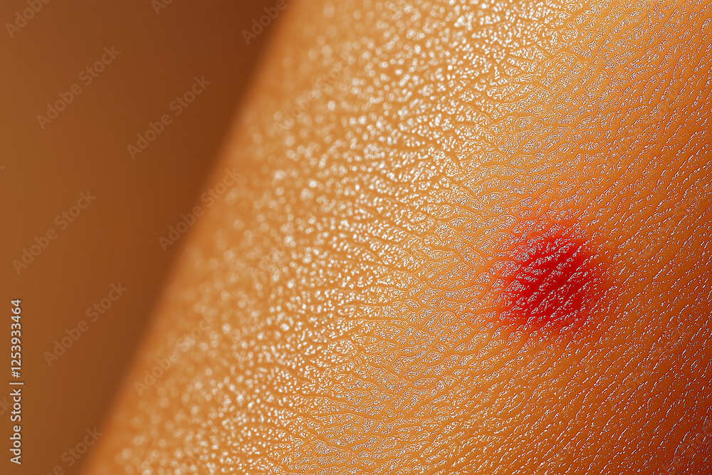 Close up of skin texture with red circular spot on leg, highlighting ...