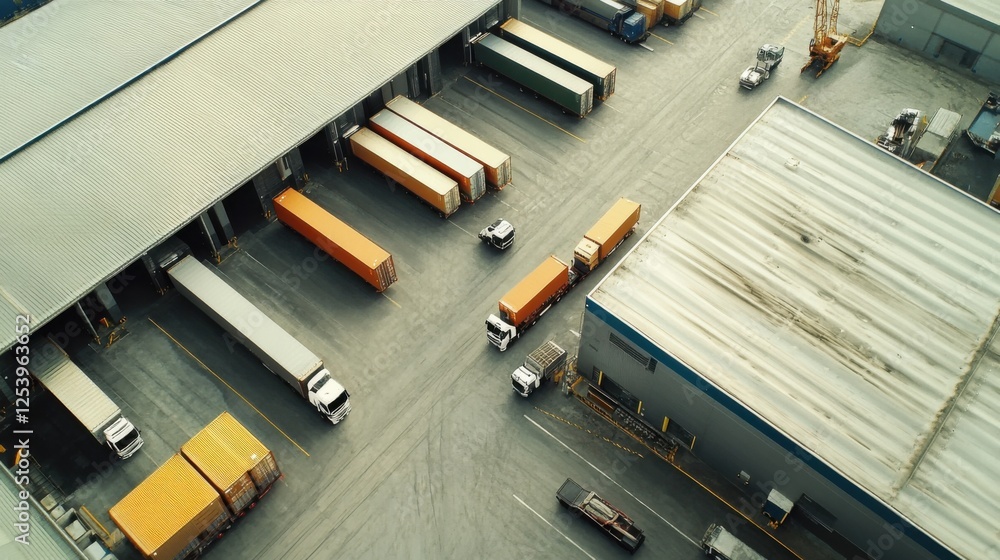 An aerial view of a sprawling logistics center with trucks loading and ...