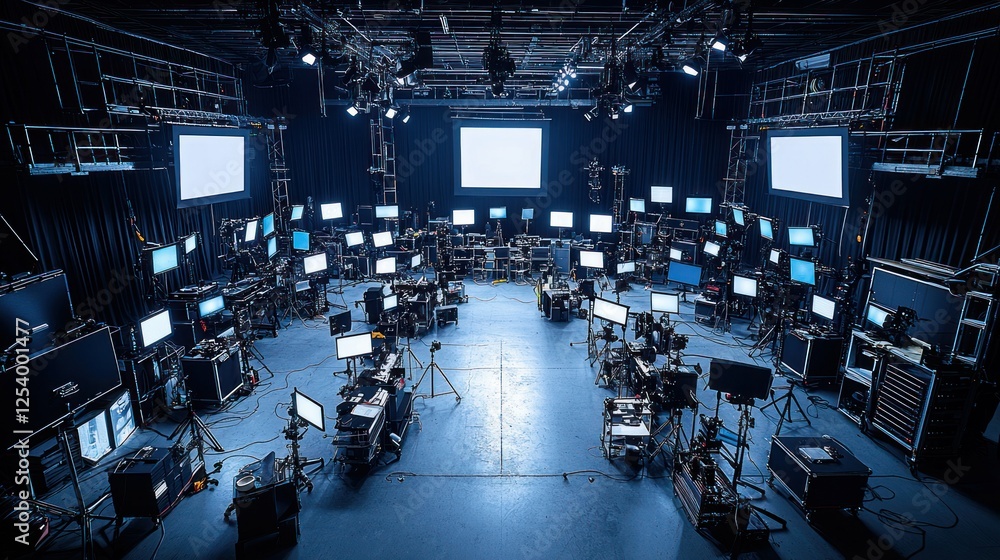Studio control room, many monitors, filming, dark background, for ...