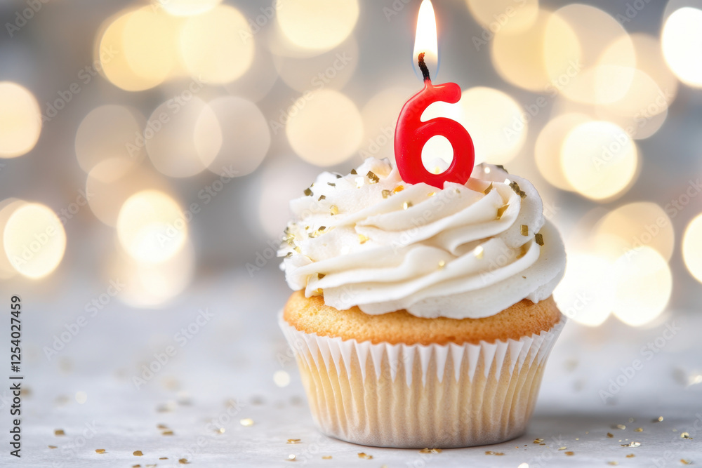 Birthday cupcake with burning candle number 6 six and festive bokeh ...