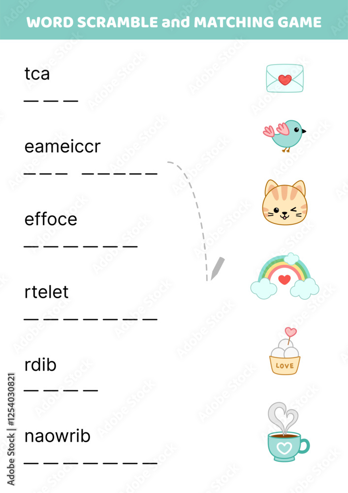 Word scramble and matching game with cat, rainbow, ice cream. English ...