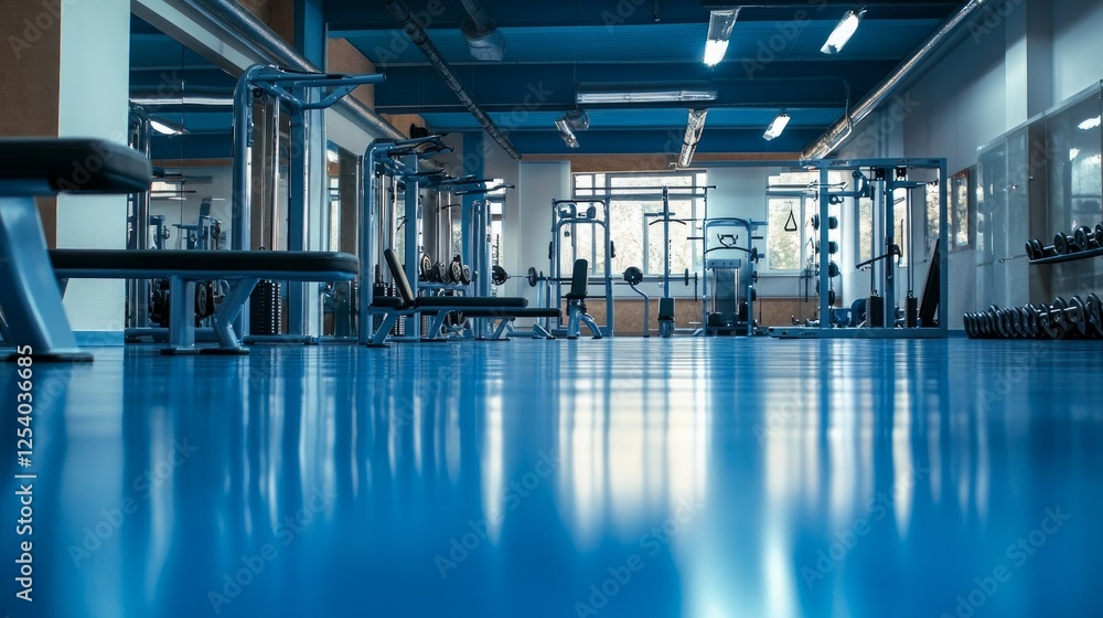An internal gym with a blue epoxy floor that self-levels for a smooth ...
