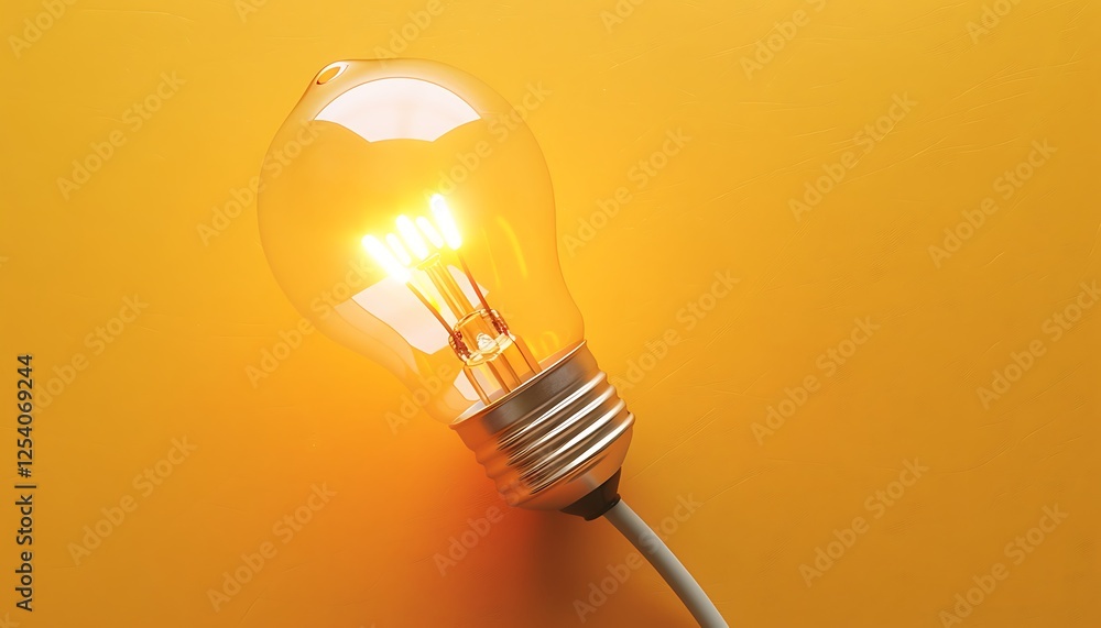 Glowing light bulb connected to a cable on a bright yellow surface ...
