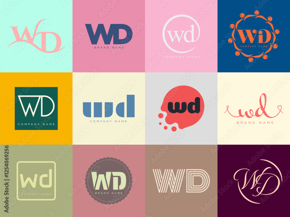 WD logo company template. Letter w and d logotype. Set different ...