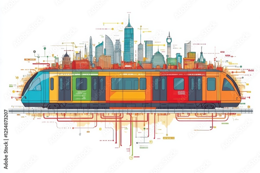 Colorful metro train traveling through a city with detailed subway map ...