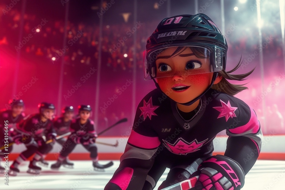 Animated girl hockey player skating on the ice with teammates in a ...