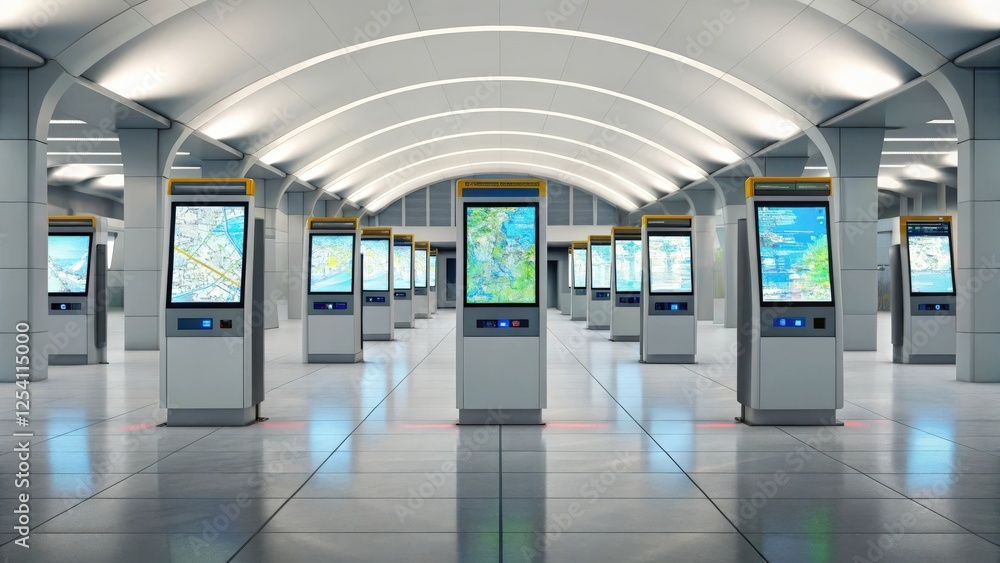 rows of digital touch screen kiosks in a modern airport terminal. The ...
