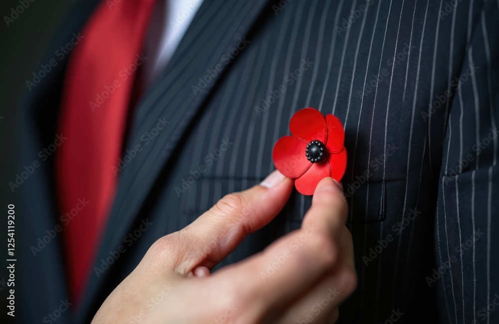 Hand places red poppy pin on lapel of pinstripe suit jacket ...
