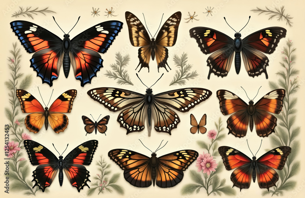 Vintage style illustration of butterfly collection, moth with ...