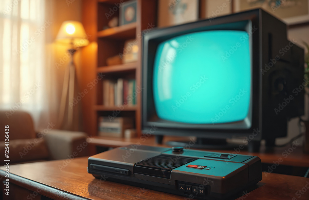 Retro gaming setup with console and TV. Vintage television displays ...