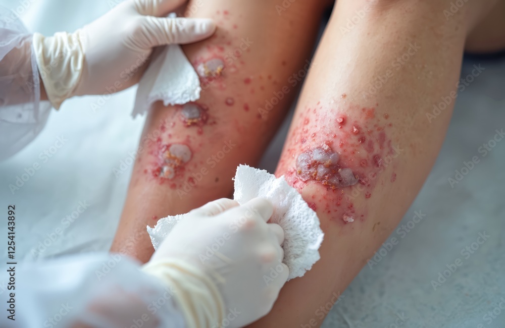 Nurse in gloves dressing wound of scaly erythematous pustules, plaques ...