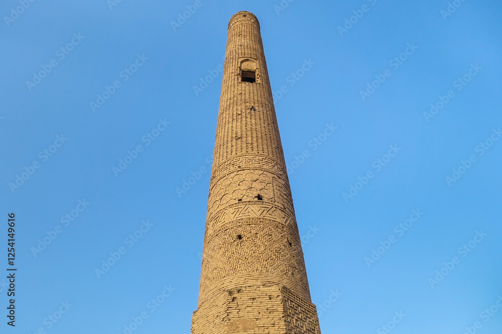 View of Chehel Dokhtaran Minaret from below. Tower was built in 1112 ...