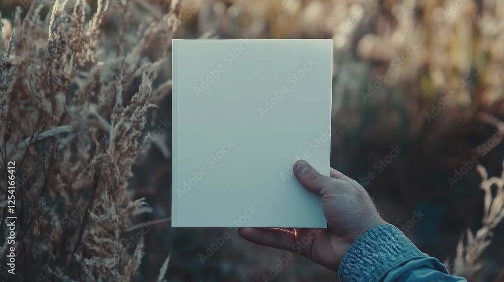 Hand holding a blank white brochure booklet. Leaflet presentation by a ...