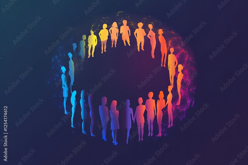 Vibrant silhouettes of people forming a circle, symbolizing teamwork ...