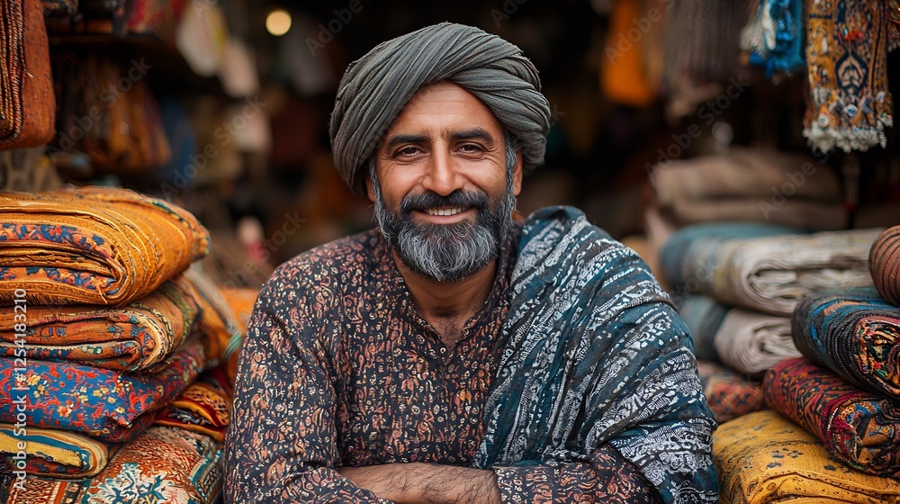 Hardworking entrepreneur in a bustling street market surrounded by ...