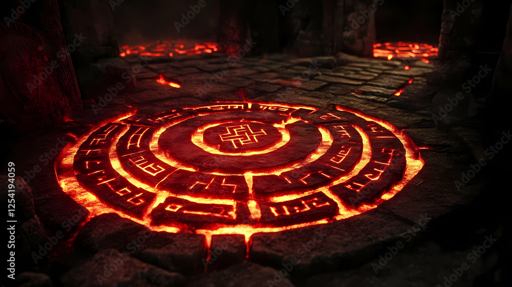 Maze of ancient runes carved into glowing stone floors, maze, mystical ...