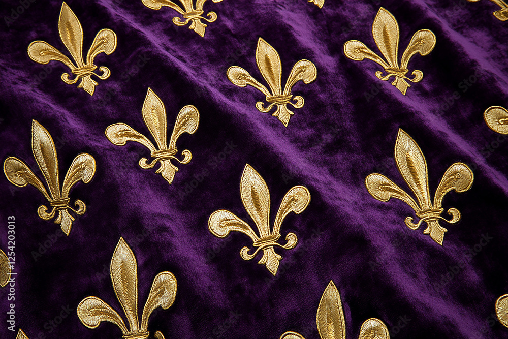 Gold fleur-de-lys motifs arranged elegantly on a deep purple velvet ...