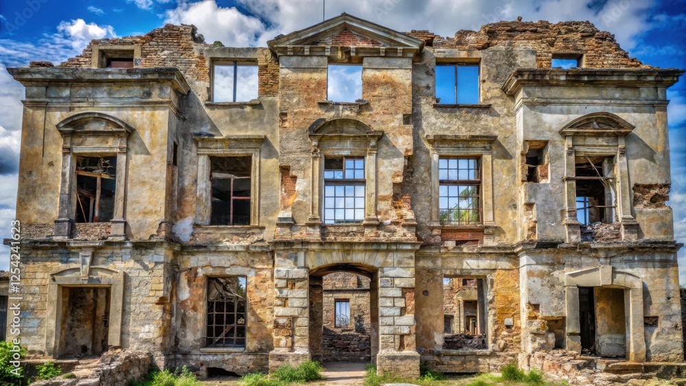 Ruined structure with shattered panes and worn stone fa?ade ...