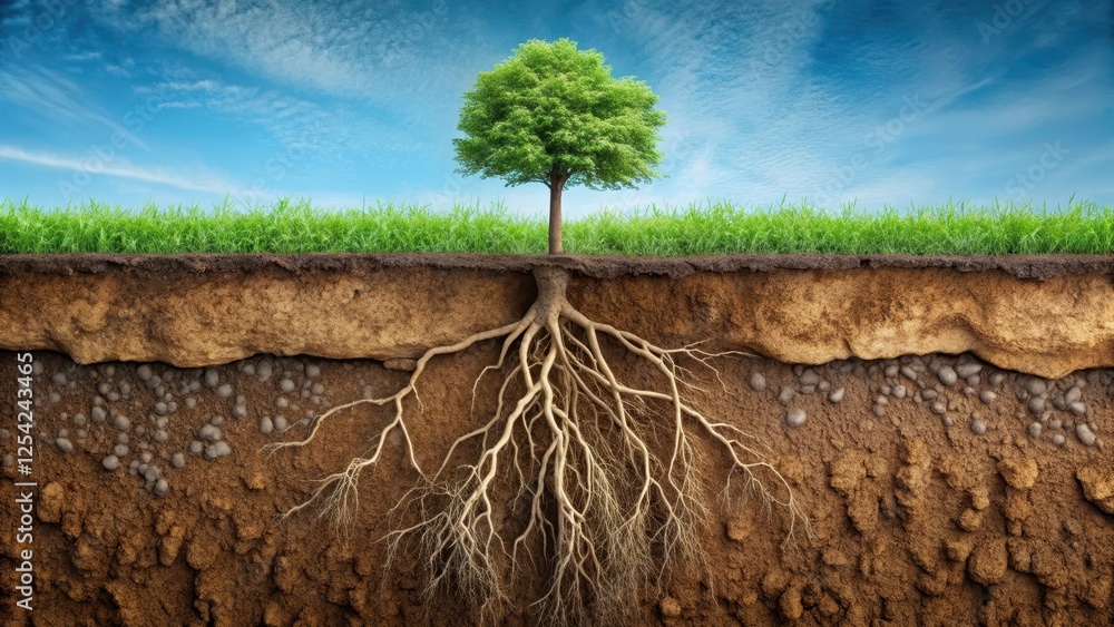 Layered underground soil structure with roots and decay , cross section ...