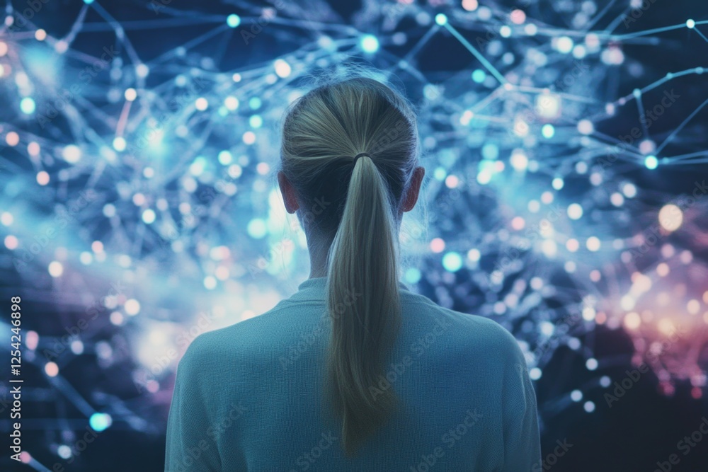 Backview Of Caucasian Woman Connecting to Animated Stream Of Content ...