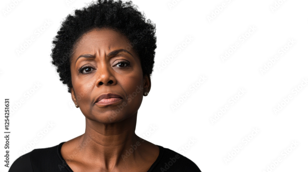 Serious black woman with short hair showing displeasure on transparent ...